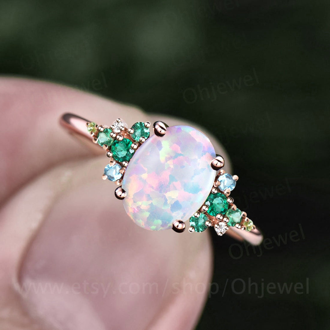 Vintage opal emerald engagement ring rose gold cluster snowdrift perid ...