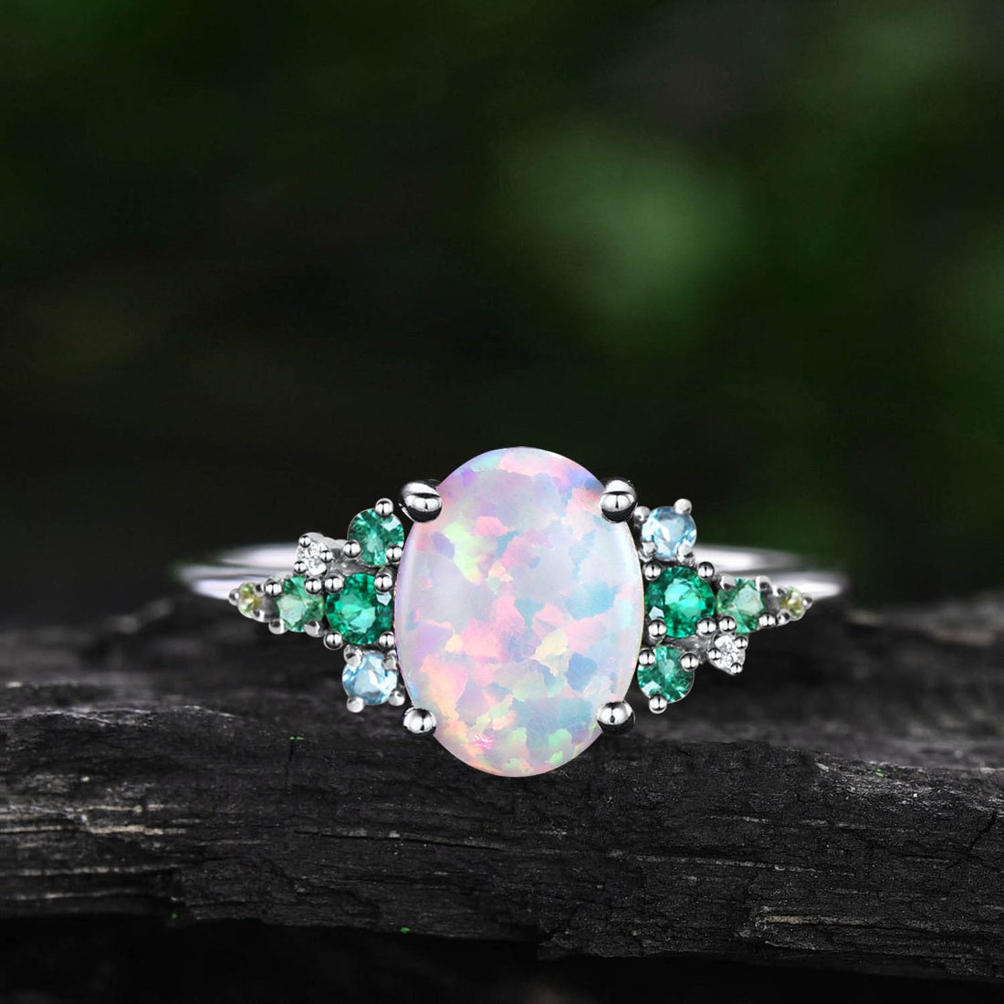 Vintage opal emerald engagement ring rose gold cluster snowdrift perid ...