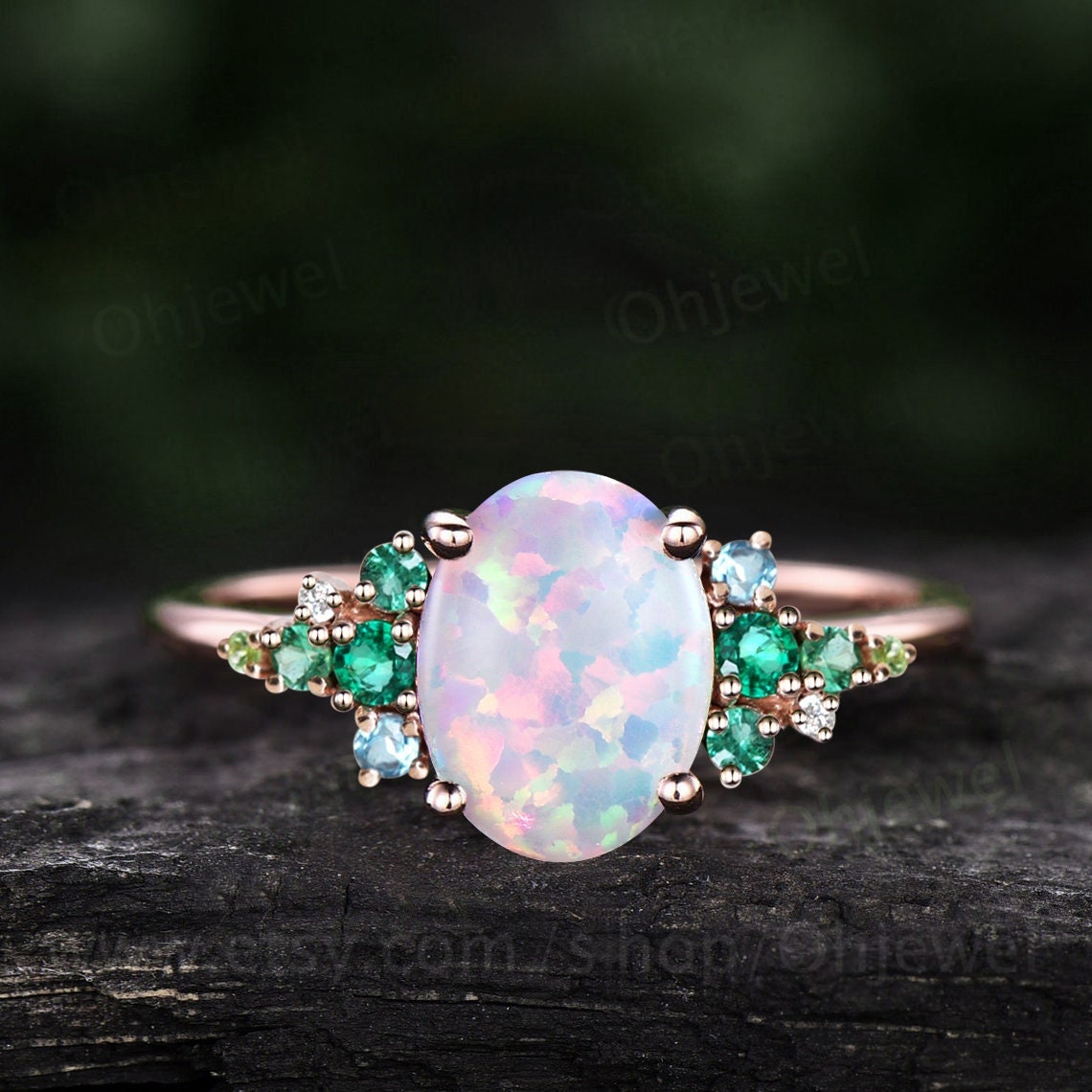 Vintage opal emerald engagement ring rose gold cluster snowdrift perid ...